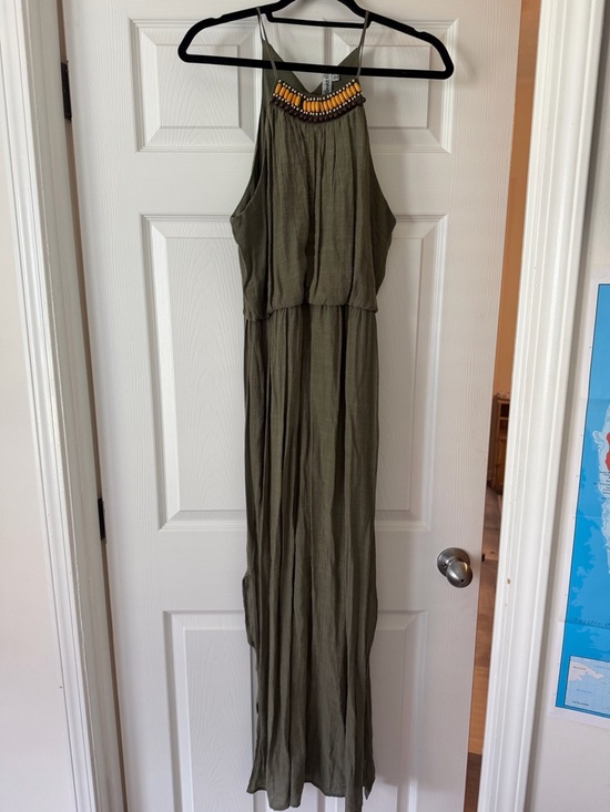 Dresses | Olive Green Beaded Halter Maxi Dress Women | Poshmark
